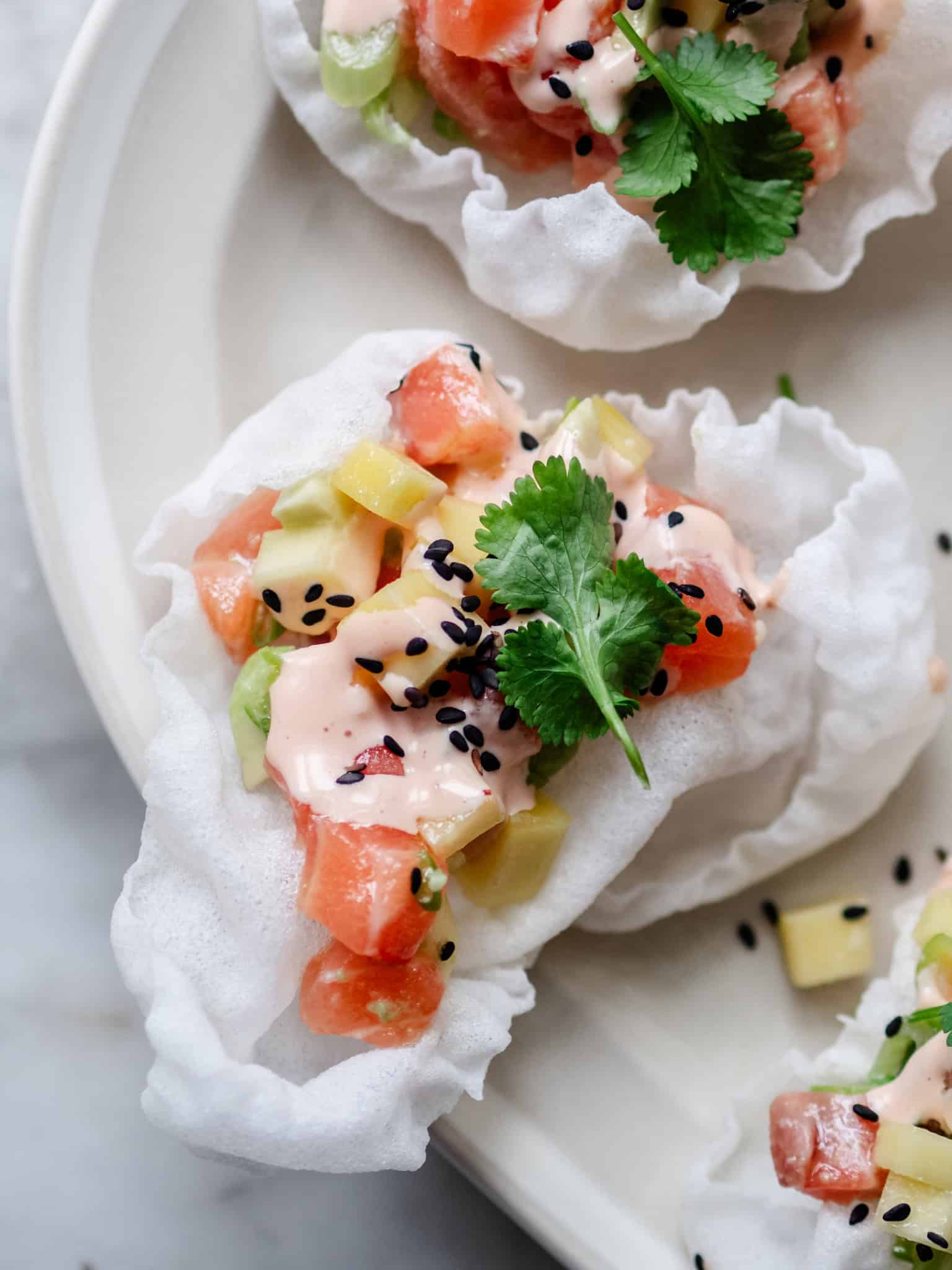 Friteret rispapir med laks - nem opskrift på puffet rispapir